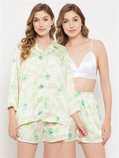 Buy Clovia Womens White Graphic Satin Pack Of 3 Shirt Bralette And Shorts Set Online At Best