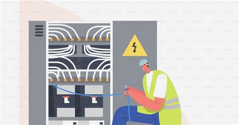 전기 기술자가 대시보드에서 전선을 절단하고 있습니다 화재 에너지 및 전기 안전 개념입니다 가운을 입은 감독 캐릭터는 퓨즈 박스에서 작업 초안을 검사하고 수리합니다