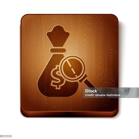 갈색 돈 가방과 흰색 배경에 고립 된 돋보기 아이콘 달러 또는 Usd 기호입니다 현금 은행 통화 기호입니다 나무 사각형 버튼입니다 벡터 일러스트레이션 가방에 대한 스톡 벡터