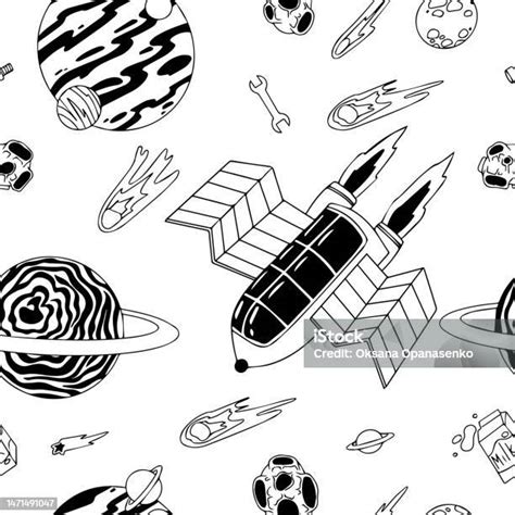 열린 공간 Ufo 우주선 로켓 태양계 은하계 여행 은하 행성 소행성 혜성 별똥별 흑백 패턴입니다 벡터 개체 그룹에 대한 스톡 벡터 아트 및 기타 이미지 Istock