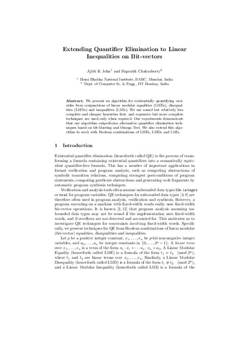 Pdf Extending Quantifier Elimination To Linear Inequalities On Bit Vectors