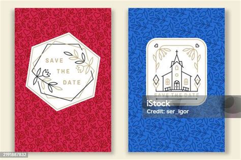 청첩장 전단지 포스터 배너 벡터 가는 선 기하학적 배지 날짜 초대장 디자인 결혼식 교회 나뭇잎 장식을 저장하기 위한 템플릿 및 요소 디자인 결혼 반지에 대한 스톡 벡터 아트