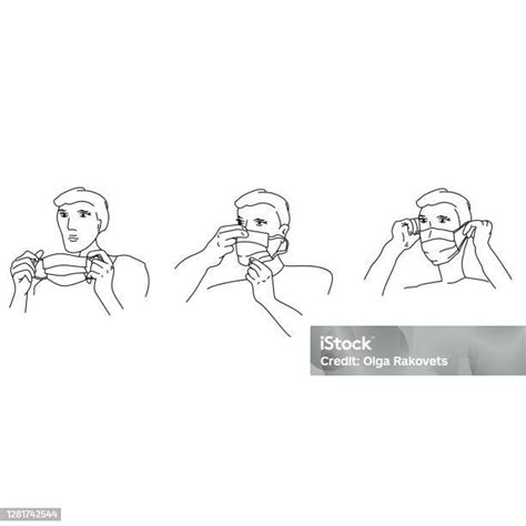 의료용 마스크를 착용하는 방법 의료용 보호 마스크를 착용한 사람을 보여주는 단계별 지침 감기와 독감에 대한 스톡 벡터 아트 및 기타 이미지 감기와 독감 건강관리와 의술