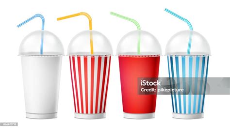 소 다 컵 템플릿 벡터입니다 3d 현실 종이 일회용 컵 빨 대를 마시는 음료에 대 한 설정 합니다 흰색 배경에 고립 포장 그림 0명에 대한 스톡 벡터 아트 및 기타 이미지