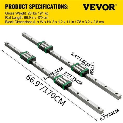 Vevor 2pcs Linear Rail 0 79 67 Inch Linear Bearings And Rails With 4pcs Hsr20 Bearing Block