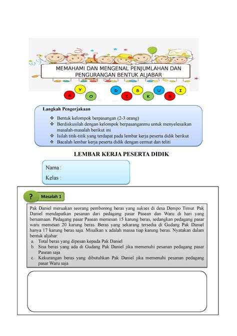 Lkpd Penjumlahan Dan Pengurangan Aljabar 1 Memahami Dan Mengenal