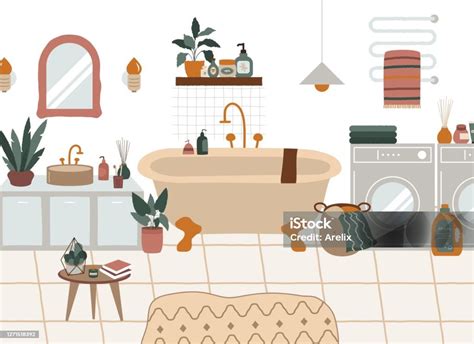 귀여운 스칸디나비아 욕실 싱크대 세면대 식물 장식 가구가 비치 된 아파트 벡터 일러스트가있는 현대적인 목욕 인테리어 실내용 화초에 대한 스톡 벡터 아트 및 기타 이미지