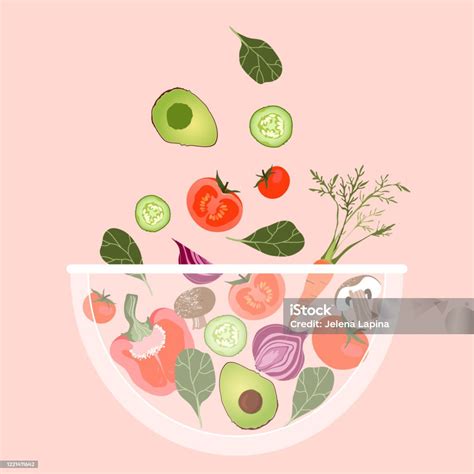 야채 샐러드 그릇입니다 그릇에 떨어지는 야채 웹 및 인쇄 포스터 디자인을위한 최신 벡터 일러스트레이션 고립 된 샐러드 그릇 다양한 건강한 채소 신선한 아보카도토마토와 섞어