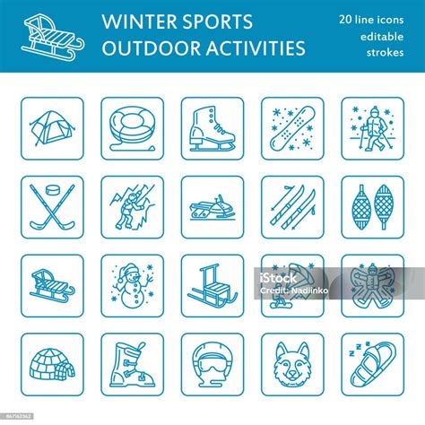 겨울 스포츠의 귀여운 얇은 라인 아이콘입니다 야외 활동 벡터 요소 스노우보드 썰매 하 키 스케이트 스노우 튜브 Kiting 얼음