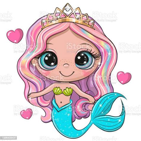 Kartun Mermaid Dengan Rambut Merah Muda Di Latar Belakang Putih