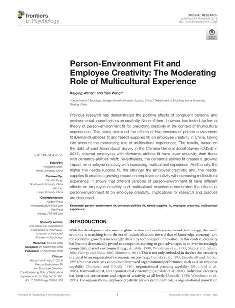 Pdf Person Environment Fit And Employee Creativity The Moderating Role Of Multicultural