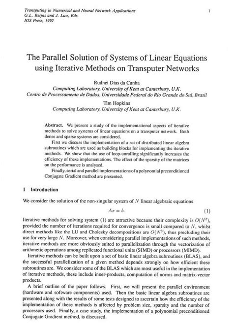 Pdf The Parallel Solution Of Systems Of Linear Equations Using Iterative Methods On Transputer