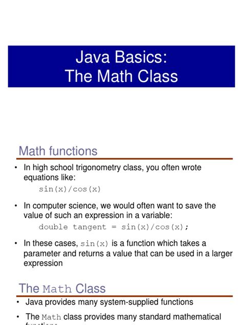Java Basics The Math Class Pdf Trigonometric Functions Sine