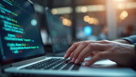 Businessman Works On Modern Laptop Hands Type On Keyboard Code