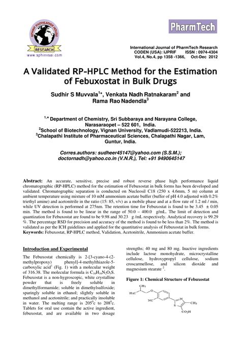 Pdf A Validated Rp Hplc Method For The Estimation Of Febuxostat In