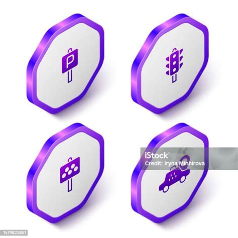 아이소메트릭 주차 신호등 택시 승차장 도로 표지판 및 위치 자동차 아이콘을 설정합니다 보라색 육각형 버튼 벡터 3차원 형태에