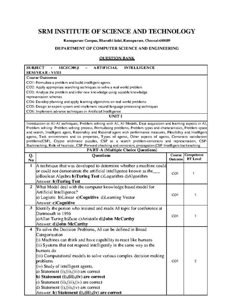 UNIT QB SRM INSTITUTE OF SCIENCE AND TECHNOLOGY Ramapuram Campus Bharathi Salai Ramapuram