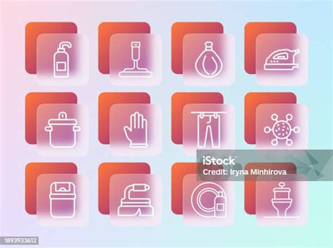 세트 라인 전기 다리미 청소용 브러시 옷 건조 식기 세척 병 및 접시 고무 장갑 쓰레기 봉투 항균 비누 및 클리너 창 아이콘 벡터 가방에 대한 스톡 벡터 아트 및 기타