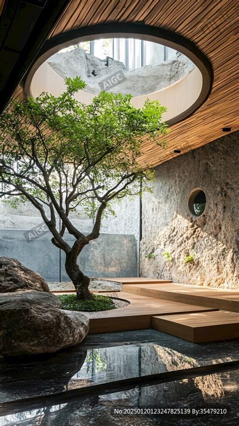 Ai创作图天井庭院内景 林间茶室 下沉式庭院 茶室建筑改造 庭院天井设计 禅意庭院设计 林间小茶室 半山中庭 内庭设计实景 禅意花园设计 下沉式庭院装修 枯山水别墅 Spa间设计 室内设计庭院