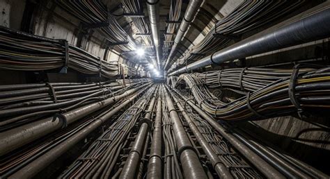 Underground Utility Tunnel With Complex Cable Network Stock