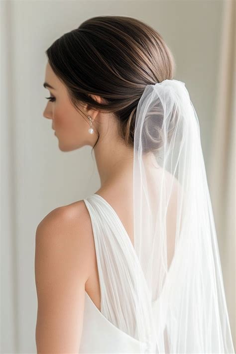 16 Glamorous Wedding Hairstyles With Veils Sleek Low Bun Bride Veil