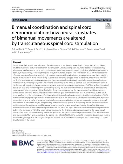 Pdf Bimanual Coordination And Spinal Cord Neuromodulation How Neural