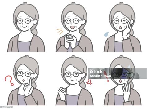 대각선으로 바라보는 안경을 쓴 노인 여성의 다양한 표정 걱정하는에 대한 스톡 벡터 아트 및 기타 이미지 걱정하는 근시 기울어진 Istock