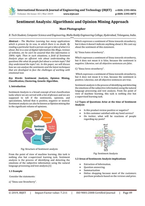 Irjet Sentiment Analysis Algorithmic And Opinion Mining Approach Pdf