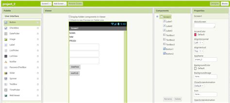 penggunaan fungsi label textbox dan button pada mit app inventor