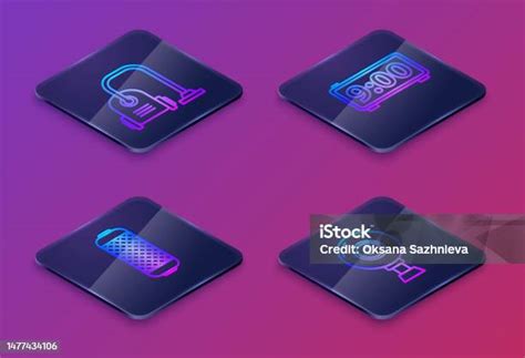 Isometric 라인 진공 청소기 스테레오 스피커 디지털 알람 시계 및 웹 카메라를 설정합니다 파란색 사각형 버튼 벡터 3차원 형태에 대한 스톡 벡터 아트 및 기타 이미지