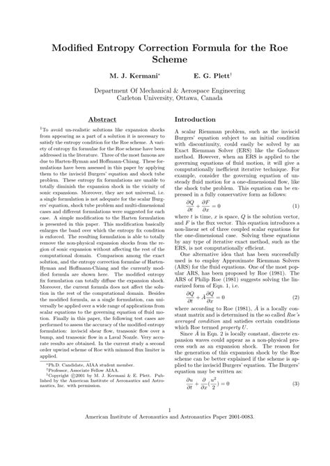 Pdf Modified Entropy Correction Formula For The Roe Scheme