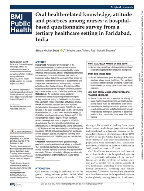 Pdf Oral Health Related Knowledge Attitude And Practices Among Nurses A Hospital Based