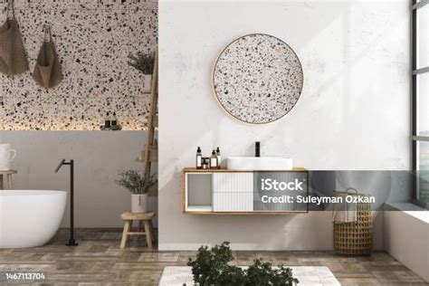 현대적인 미니멀리스트 욕실 인테리어 현대적인 욕실 캐비닛 흰색 세면대 나무 화장대 인테리어 식물 욕실 액세서리 욕조 흰 벽 테라조 바닥 3d 렌더링 0명에 대한 스톡 사진