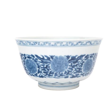 A Chinese Blue And White Porcelain Peonies Bowl Auction
