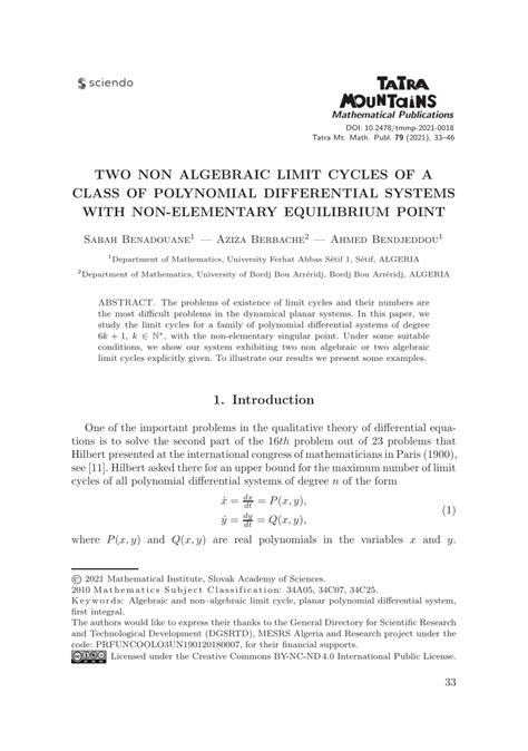 Pdf Ø Ñ Mathematical Publications Two Non Algebraic Limit Cycles Of A Class Of Polynomial
