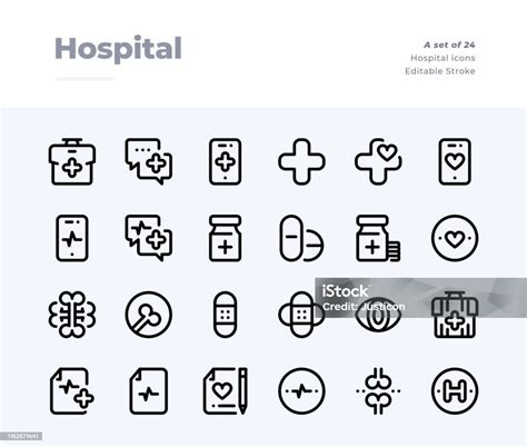 병원 요소 및 의료 라인 아이콘입니다 재료 디자인 픽셀 완벽 한 아이콘입니다 편집 가능한 스트로크 X 32 픽셀 완벽 한 아이콘 병원에 대한 스톡 벡터 아트 및 기타 이미지