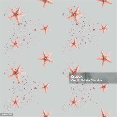 회색 배경에 페인트가 튀고 튀는 산호 색 불가사리 수채화 그림입니다 메두사와 해마 컬렉션의 매끄러운 패턴 직물 섬유 벽지 산호