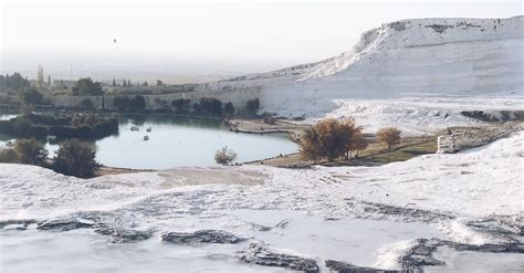 White Calcium Limestone Landscape And Thermal Pool In Pamukkale