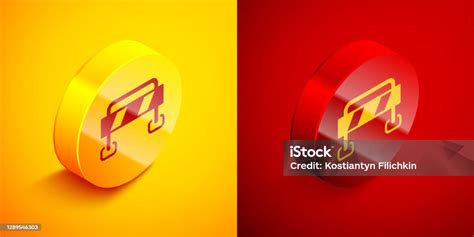 주황색과 빨간색 배경에 격리된 등색 도로 장벽 아이콘입니다 건설 중인 제한된 영역의 기호입니다 수리 작업 서클 버튼입니다 벡터