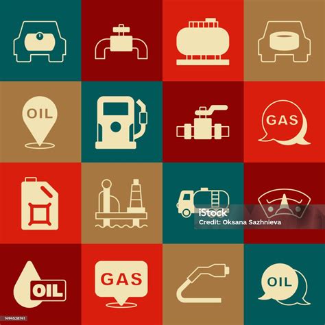 단어 오일 모터 가스 게이지 위치 및 스테이션 오일 탱크 저장 휘발유 휘발유 연료 위치 보충 차량용 가스 및 금속 파이프 밸브 아이콘을 설정합니다 벡터 0명에 대한 스톡