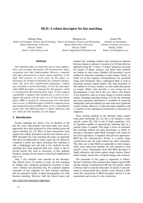 Pdf Hld A Robust Descriptor For Line Matching