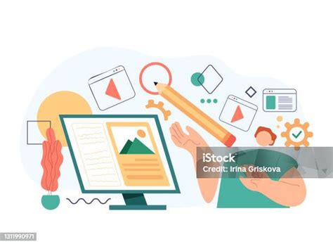 디자이너 프리랜서 노동자 작업 및 그리기 디지털 아트 디자인 인터페이스 벡터 플랫 만화 현대 스타일 추상 일러스트 개념에 대한 스톡 벡터 아트 및 기타 이미지 Istock