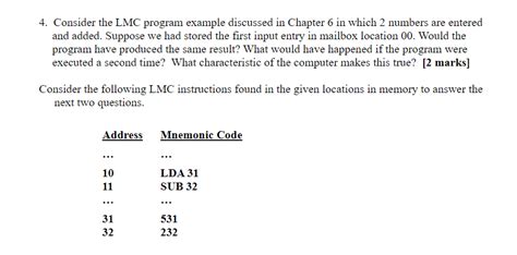 Solved 4 Consider The Lmc Program Example Discussed In