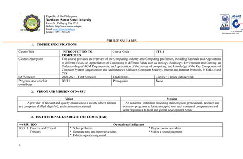 Syllabus Bsit 1 Ite 1 Final ` Iso 90012015 Certified Republic Of The Philippines Northwest