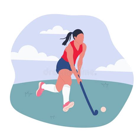 Girl Playing Hockey On Grass Vector Illustration Isolated On White
