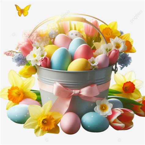 봄의 새로운 시작을 상징하는 양동이에 담긴 다채로운 부활절 달걀과 생동감 넘치는 꽃 다채로운 부활절 달걀 양동이에 생생한 꽃 키자르 칸 Png 일러스트 및 이미지 에