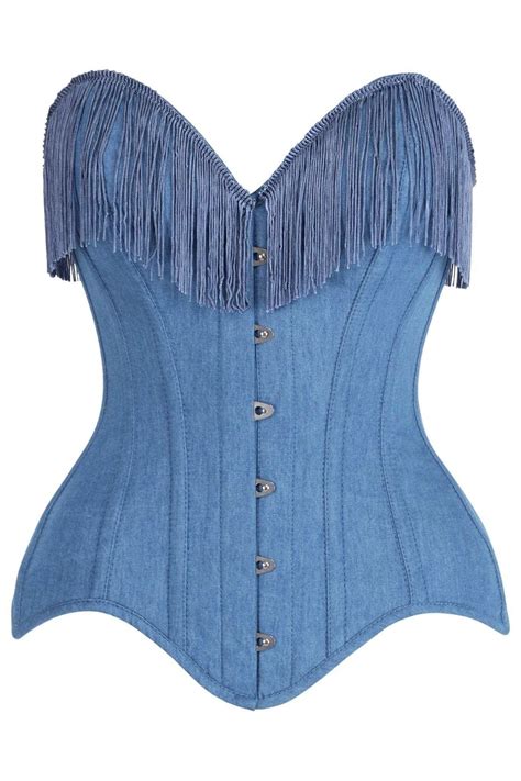 Daisy Corsets Top Drawer Blue Denim Steel Boned Overbust Corset W Frin