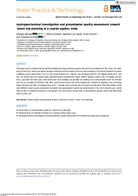 Pdf Hydrogeochemical Investigation And Groundwater Quality Assessment Toward ‘smart City