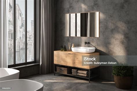 미니멀리스트 욕실 인테리어 콘크리트 바닥과 벽 욕실 캐비닛 욕조 3d 렌더링 0명에 대한 스톡 사진 및 기타 이미지 0명 3차원 형태 가구 Istock