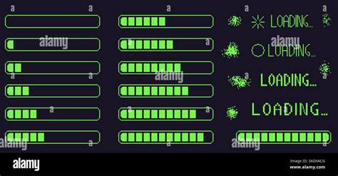Pixel Art Retro Loading Bar Interface 8 Bit Progress Button Elements Set And Text Green Stroke